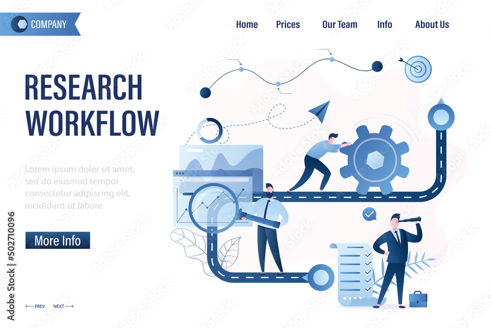 Research workflow, landing page template. Successful teamwork, team ...
