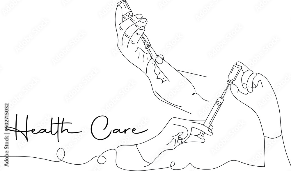 Outline sketch drawing of two hand holding injection needle, Medical ...