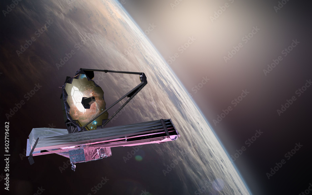 Telescope James Webb in outer space on-orbit of Earth. Sci-fi space ...