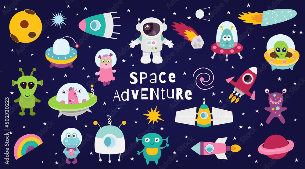 Space adventure cartoon set – Astronaut, Aliens, Rockets, UFO, Planets ...