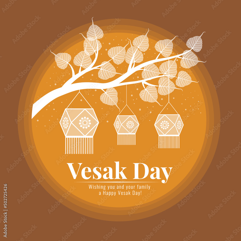 Vesak day banner white vesak lanterns hang under bodhi branch and star ...