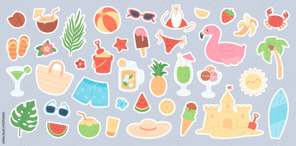 Summer stickers, cute summertime elements, tropical vacation icons ...