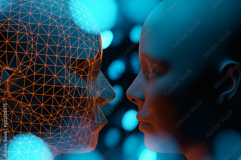 Human head and wireframe AI entity face to face in cyberspace. Artificial intelligence or gaming ...