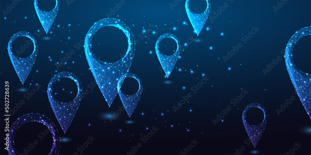 Futuristic pin location markers, journey destination concept with ...