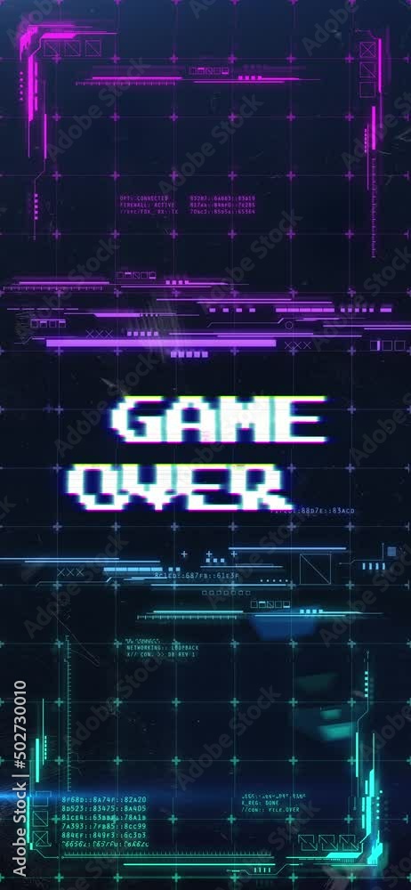Game over message on glitchy mobile screen, hacked system, virus ...