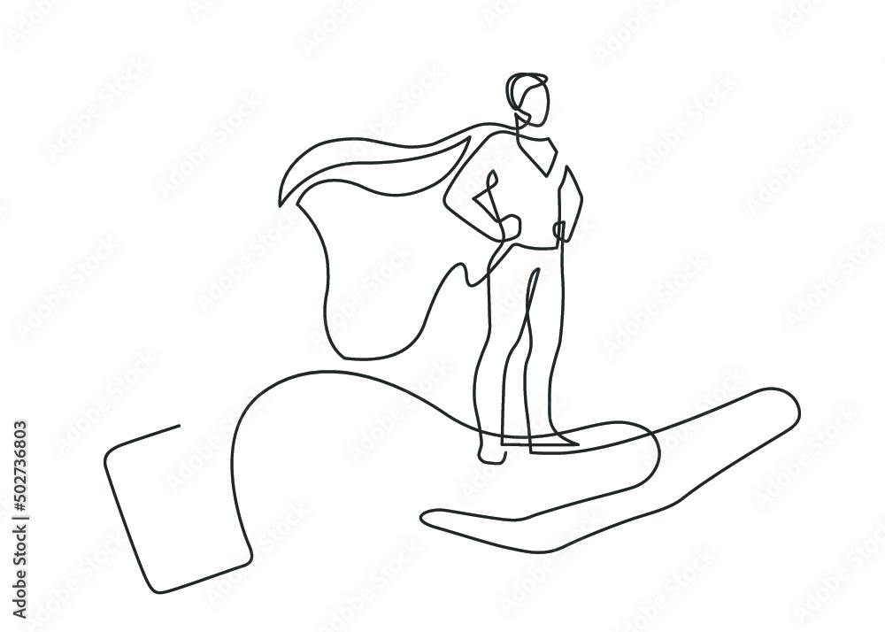 Continuous line drawing of hand holding a super human. Vector ...
