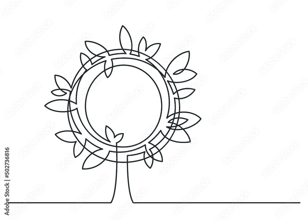 Continuous line drawing of round tree with empty center for text or ...
