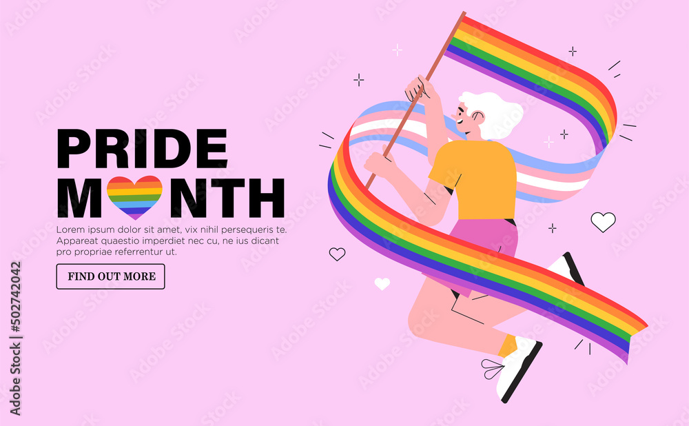 Cheerful Character With Rainbow Lgbtq And Transgender Flag Celebrate