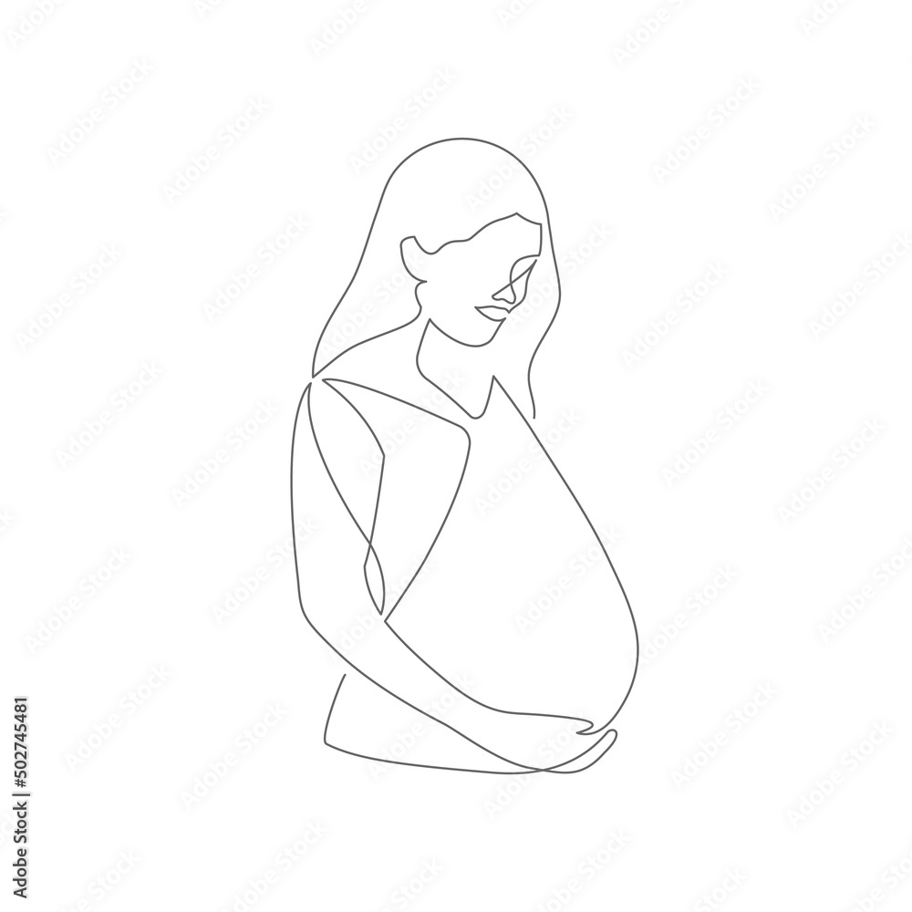 Continuous single drawn one line of pregnant woman silhouette. Line art ...