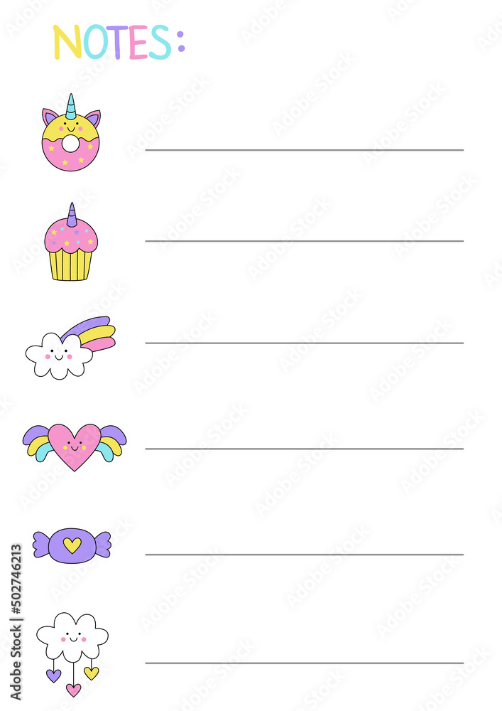 Vector sheet for making notes with cute kawaii pictures. Stock Vector ...