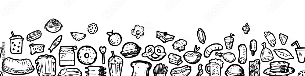 Set of food. Border frame. Baking buns and meat dishes. Hand drawing ...