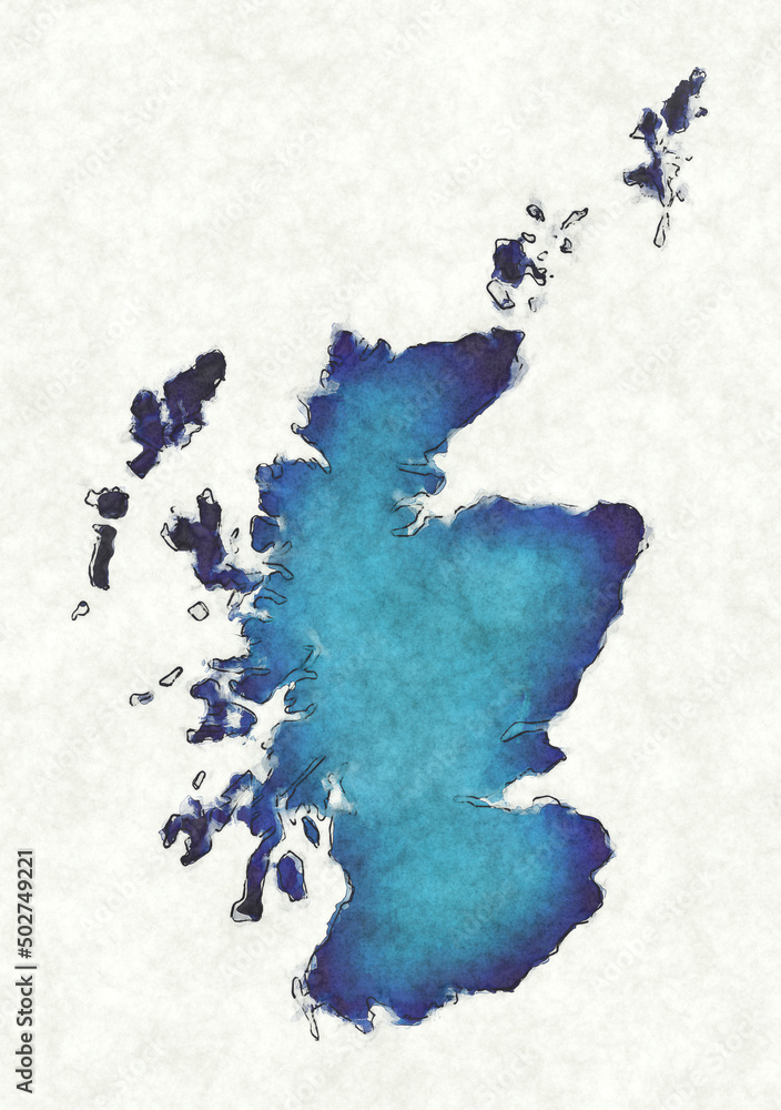 Plakát Scotland map with drawn lines and blue watercolor illustration ...