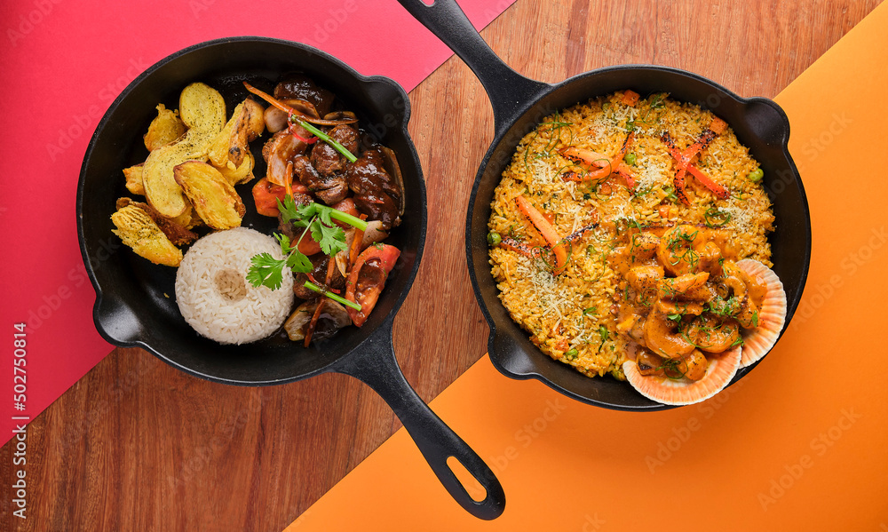 PERUVIAN FOOD: Rice with seafood and Lomo saltado, Typical food of ...