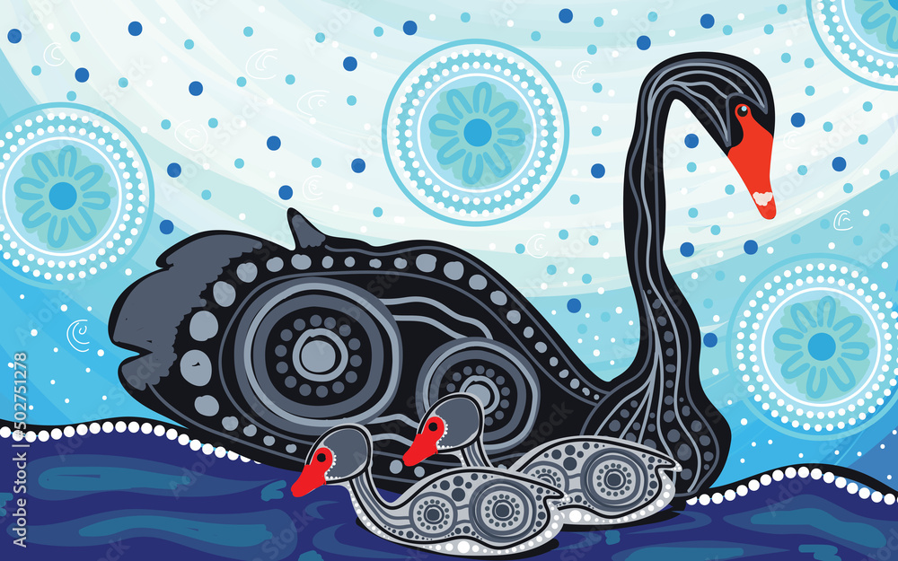 Mother and baby swan. Aboriginal art vector painting Stock Vector ...