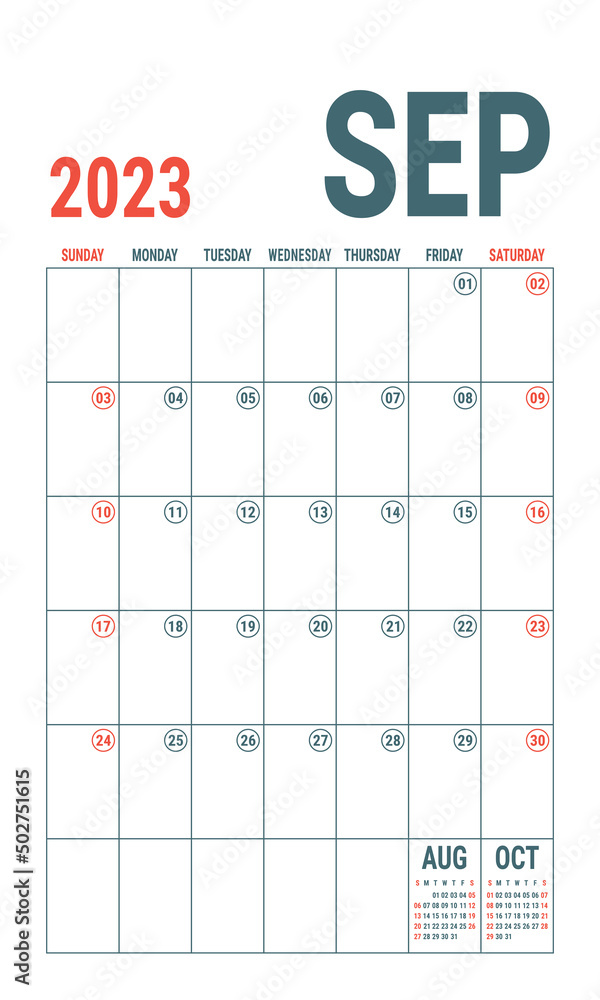 September. Planner 2023 year. English vector vertical template. Week ...