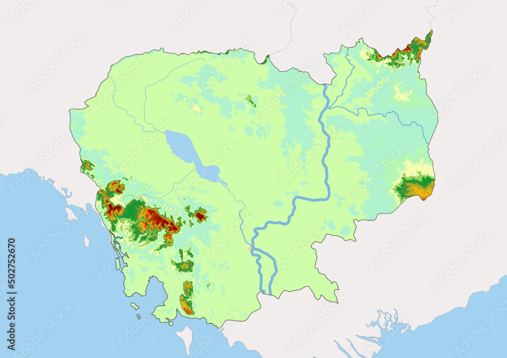 High detailed vector Cambodia physical map, topographic map of Cambodia on white with rivers ...