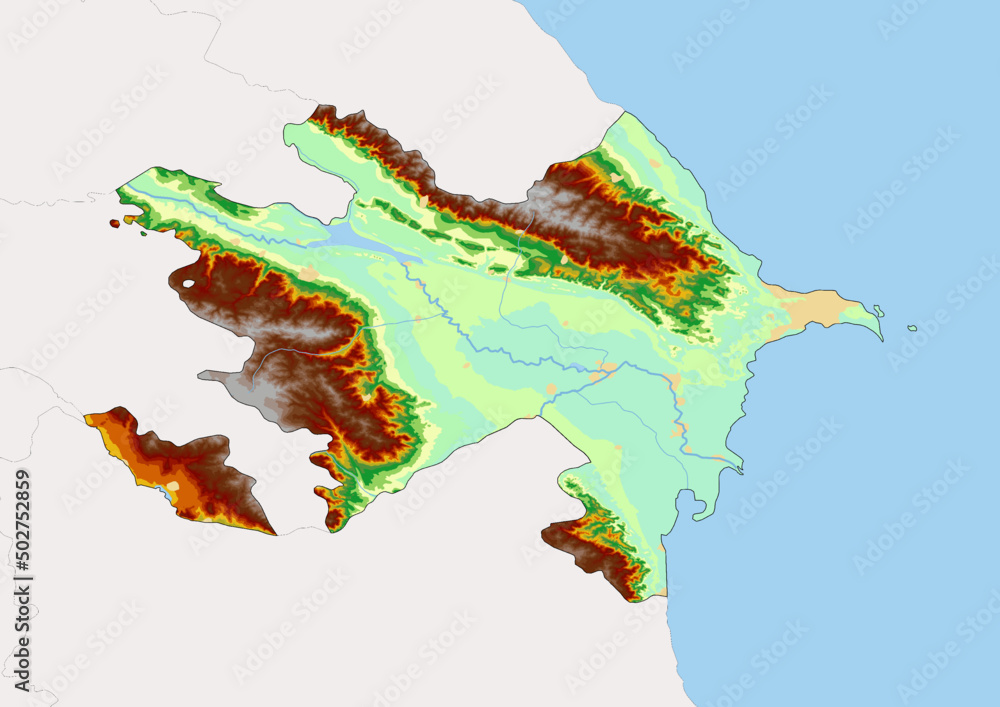 High detailed vector Azerbaijan physical map, topographic map of Azerbaijan on white with rivers ...