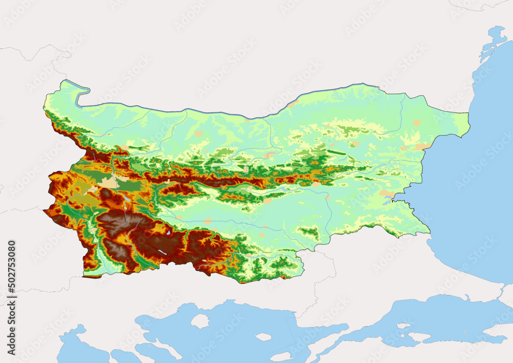 High detailed vector Bulgaria physical map, topographic map of Bulgaria ...