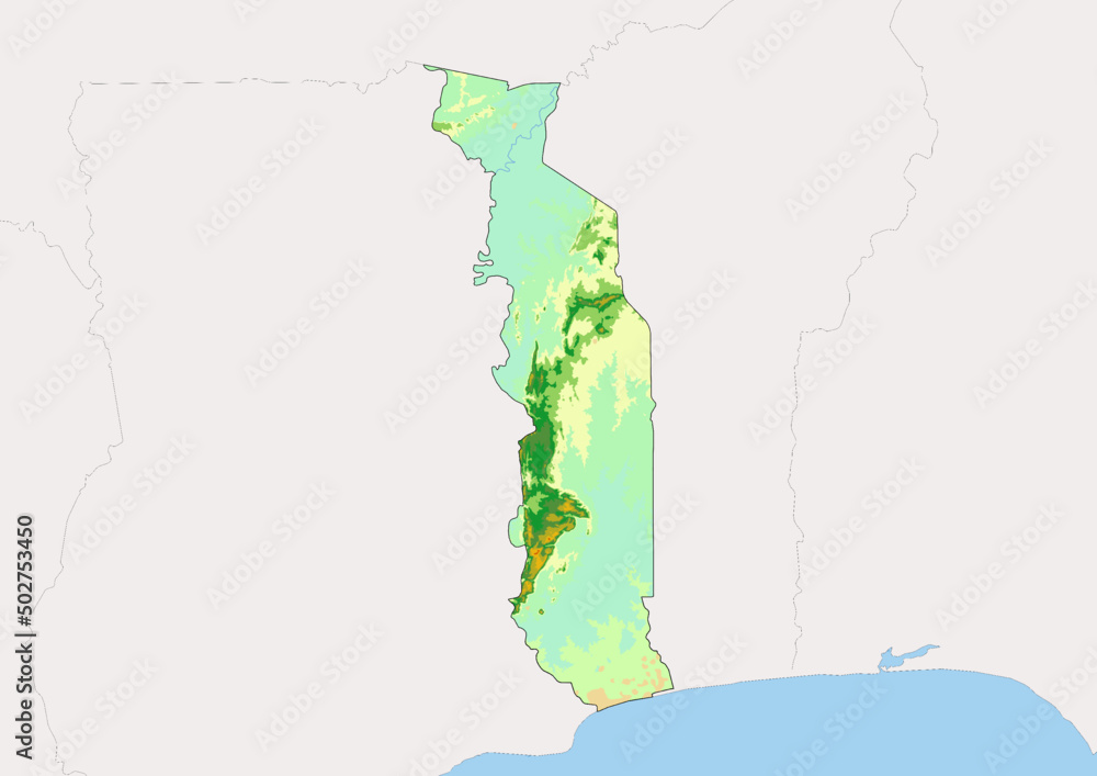 High detailed vector Togo physical map, topographic map of Togo on white with rivers, lakes and ...