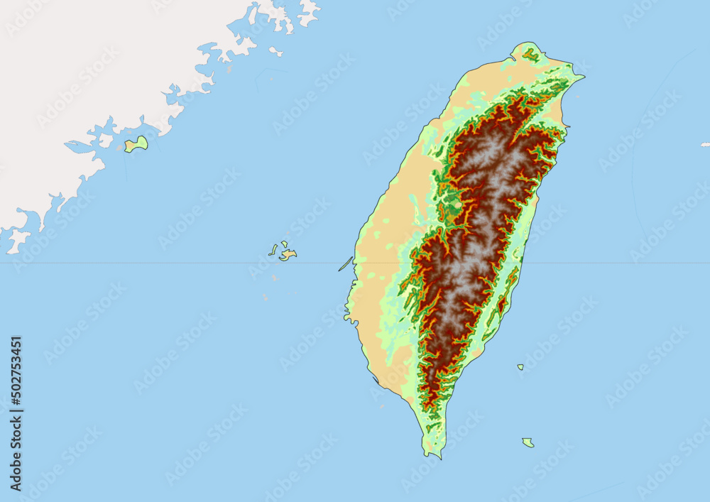 High detailed vector Taiwan physical map, topographic map of Taiwan on white with rivers, lakes ...
