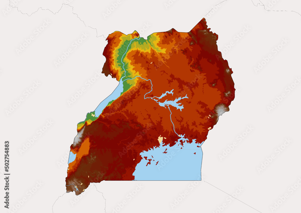 High detailed vector Uganda physical map, topographic map of Uganda on white with rivers, lakes ...