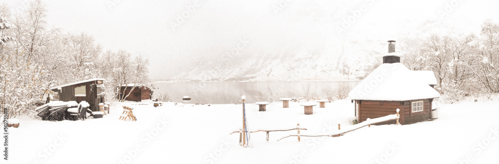 Panorama of a Norwegian Fire Hut and Sauna by a Lake and Mountains in ...
