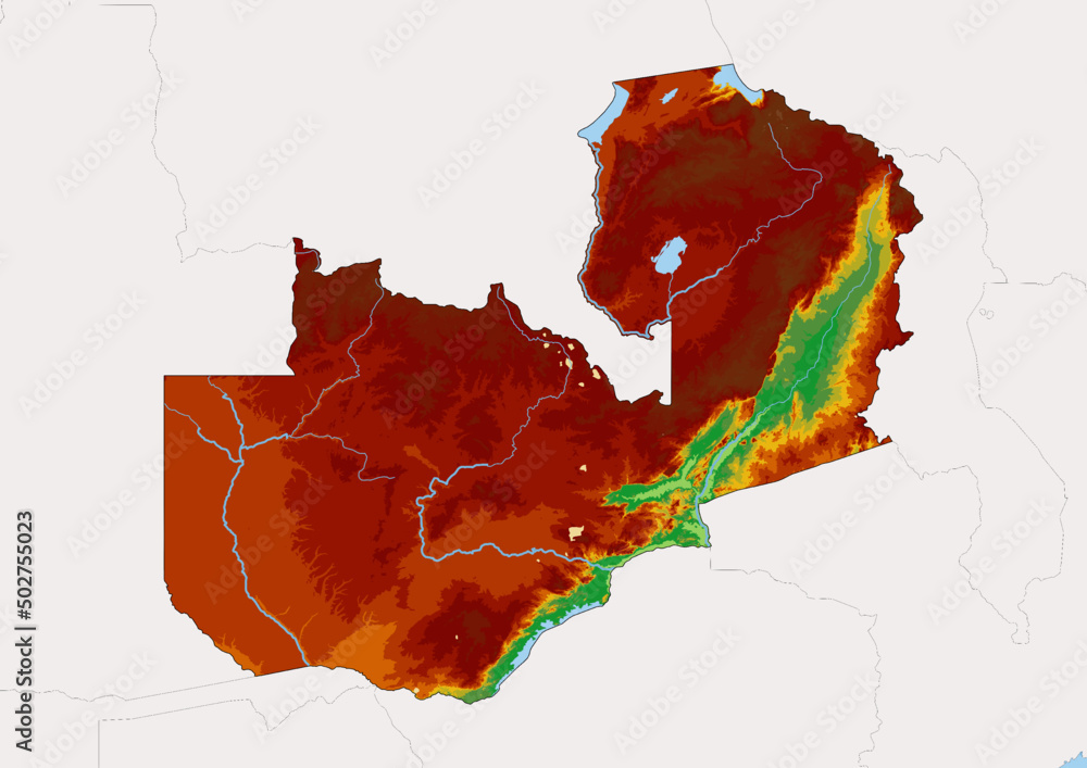High detailed vector Zambia physical map, topographic map of Zambia on ...
