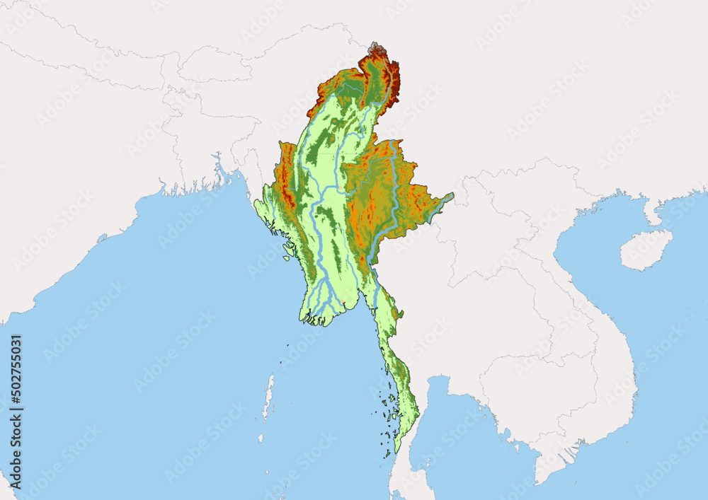 High detailed vector Myanmar physical map, topographic map of Myanmar ...