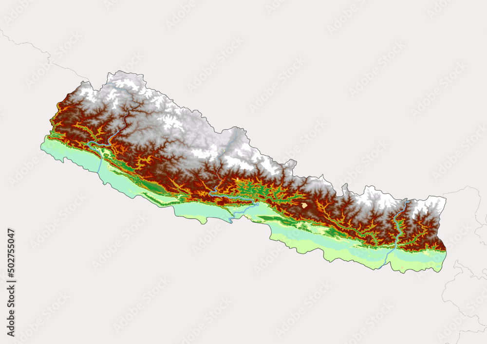 High detailed vector Nepal physical map, topographic map of Nepal on white with rivers, lakes ...