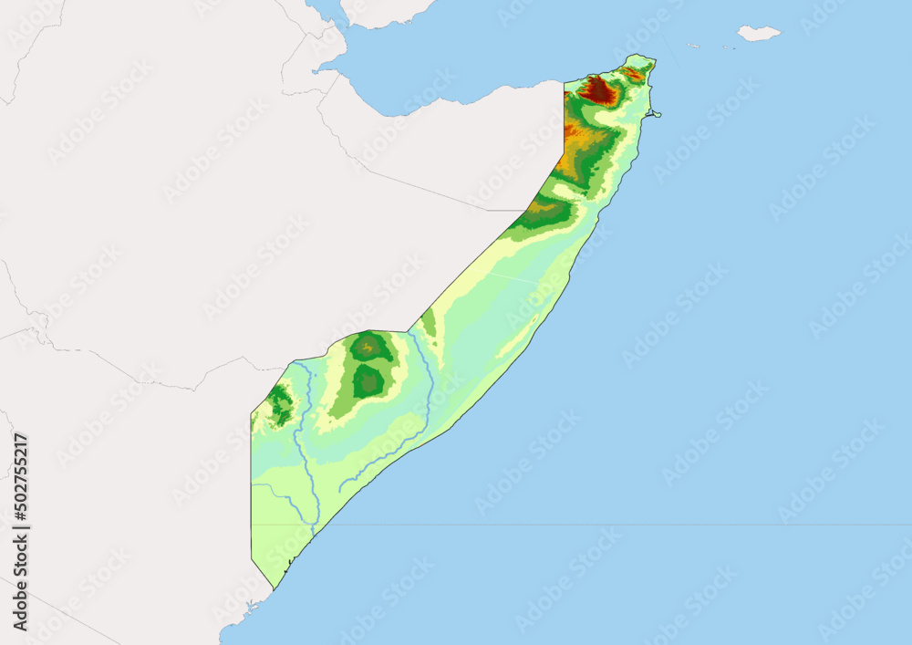 High detailed vector Somalia physical map, topographic map of Somalia ...