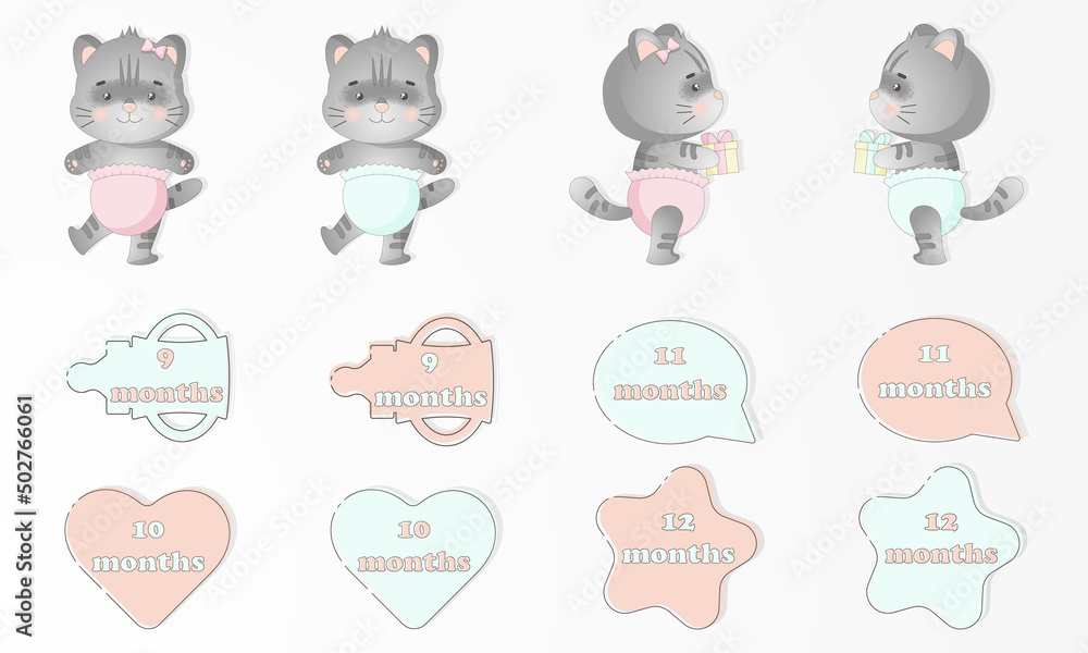 set of baby animals. From nine to twelve months little baby kitten ...