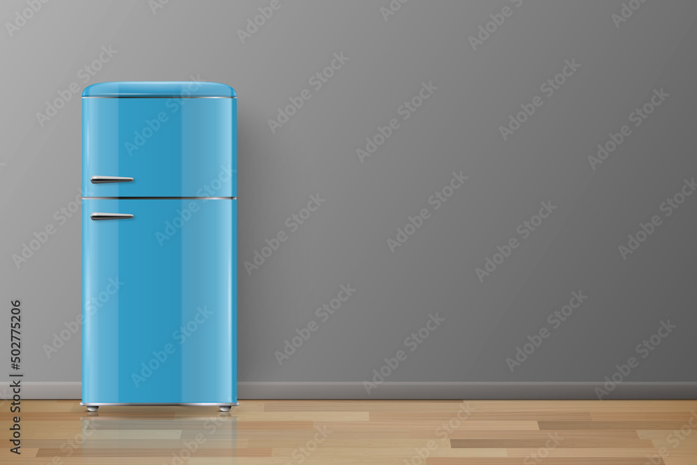 Vector Banner with 3d Realistic Glossy Blue Retro Vintage Fridge ...