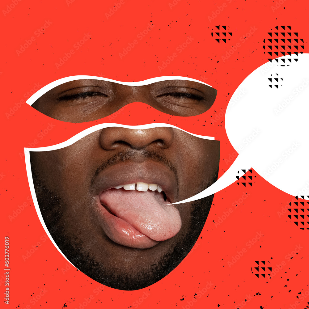 Contemporary art collage. Funny male face with sticking out tongue ...