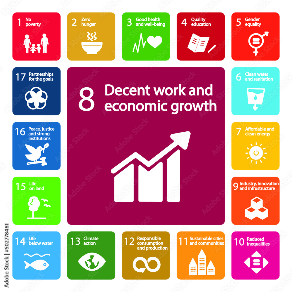 Sustainable Development Goals, Agenda 2030. Decent Work and Economic Growth - Goal 8. Isolated ...