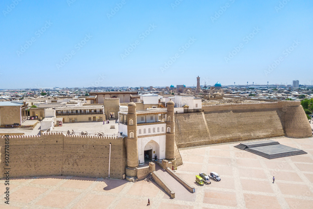 Panorama of the historical center of Bukhara, Uzbekistan. Foreground ...