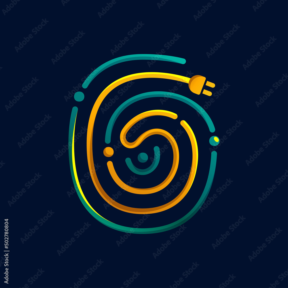 Number six logo made of fingerprint with plug. Colorful cable icon with ...