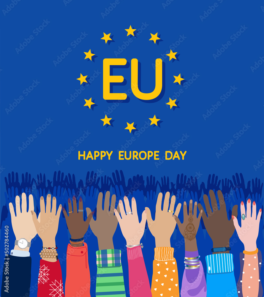 Happy Europe Day of European Union. Blue flag, yellow stars, diverse ...
