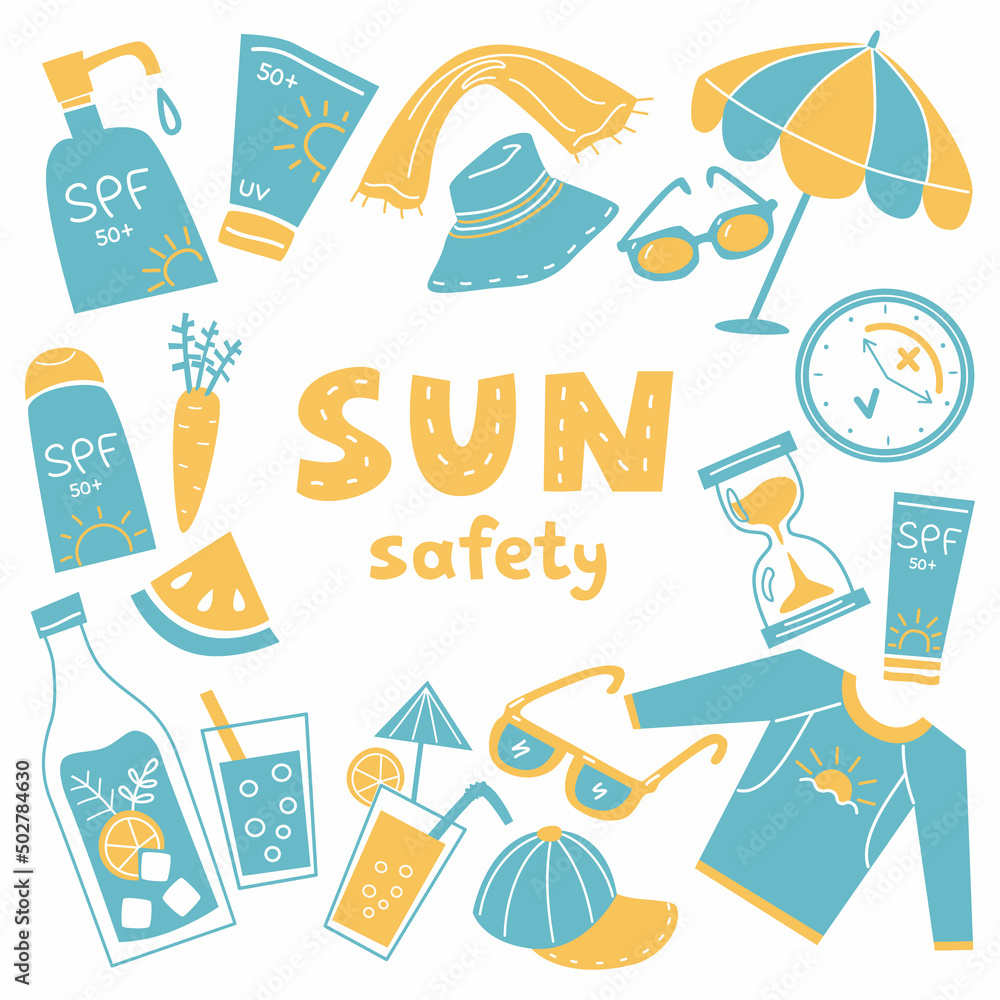 Sun safety tips poster with sun protection elements. Stock Vector ...
