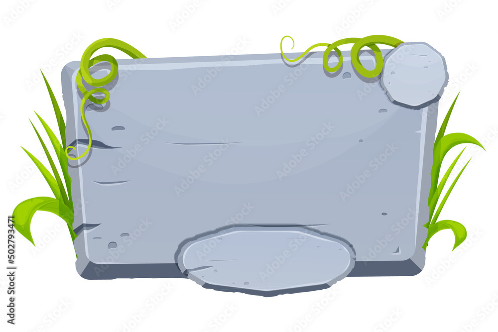 Jungle stone frame with grass and liana, user interface, menu board in ...