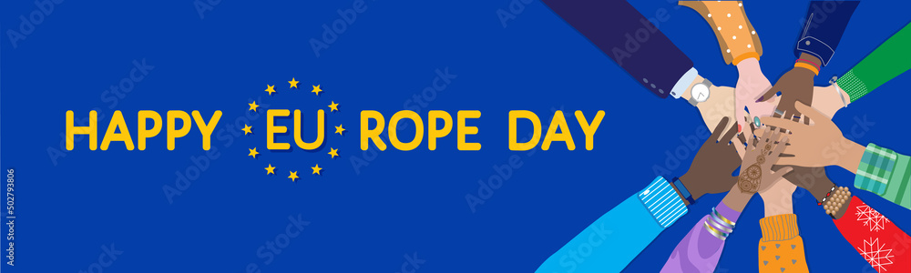 Happy Europe Day of European Union. Blue flag, yellow stars, diverse ...