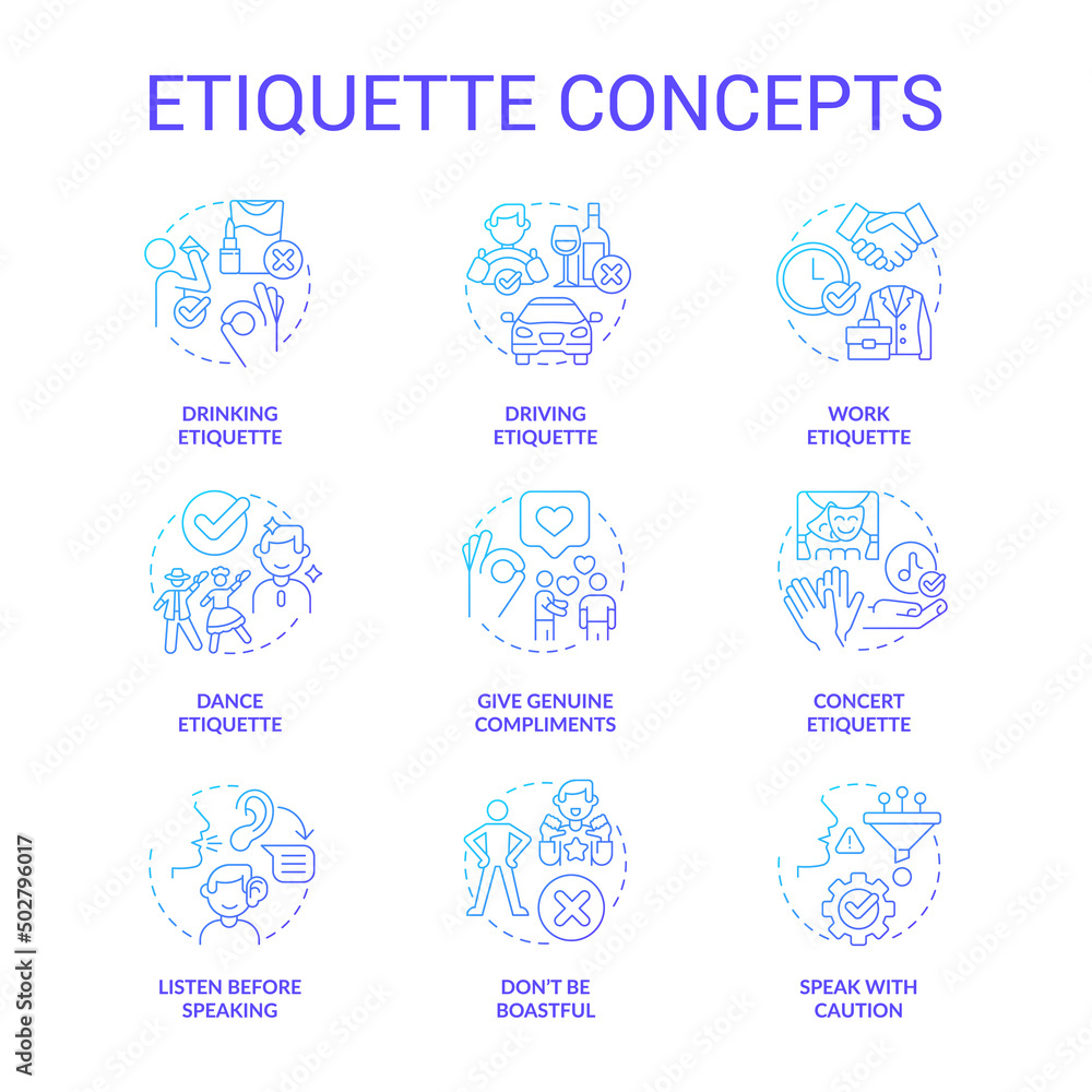 Etiquette blue gradient concept icons set. Set of rules and norms ...
