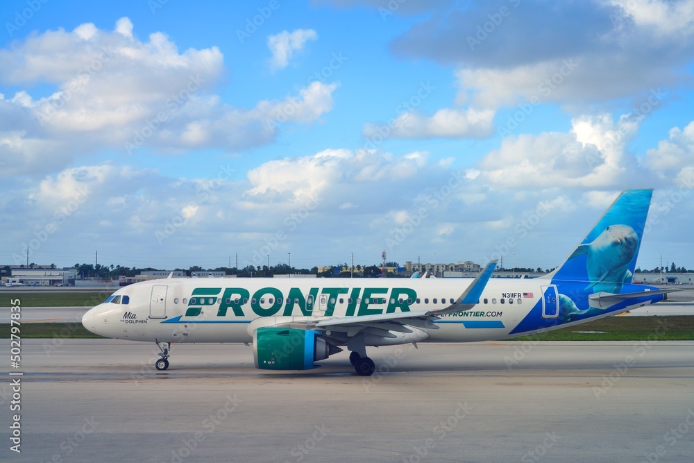 MIAMI, FL -13 MAR 2022- View of an airplane from Frontier Airlines (F9 ...