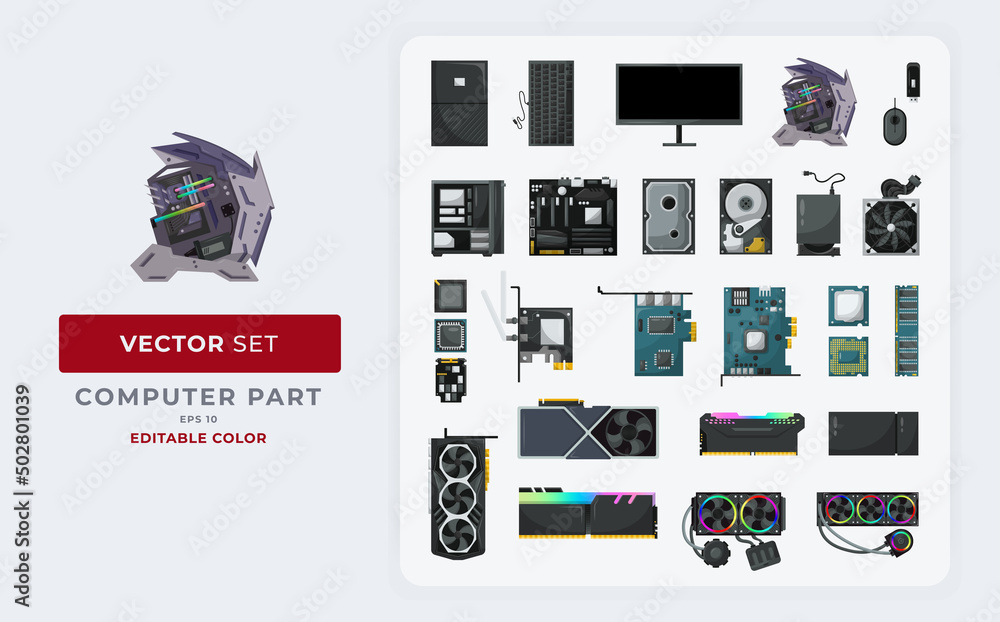Computer hardware colorful vector illustrations set. Motherboard, SSD ...