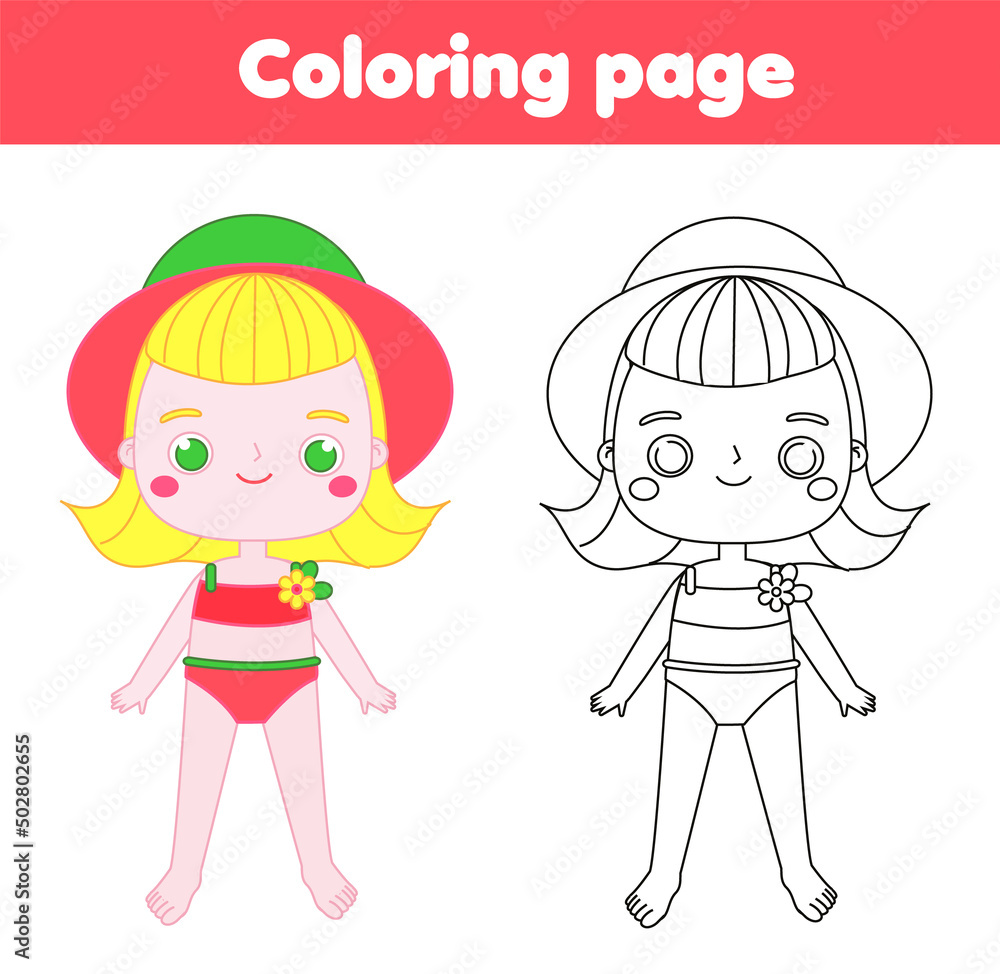 Coloring page with cartoon girl in swimsuit. Drawing kids activity ...