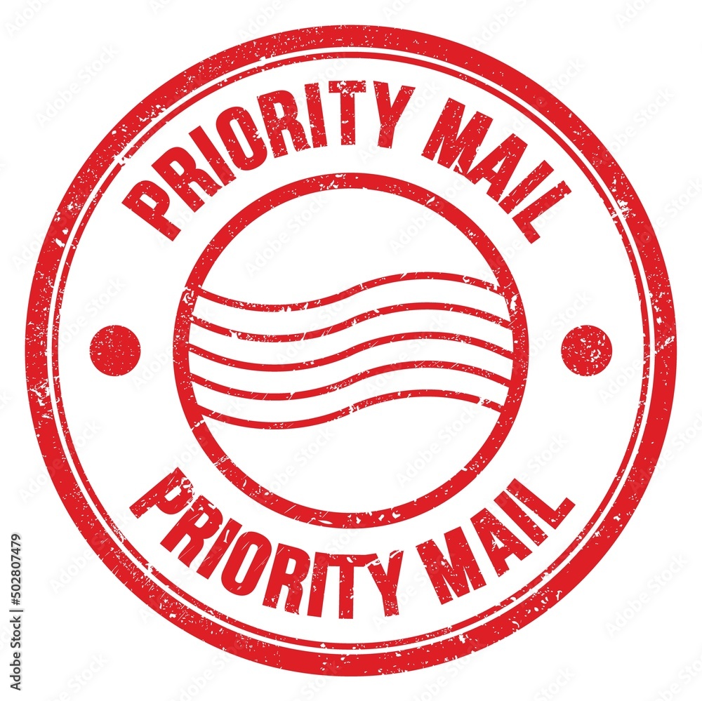 PRIORITY MAIL text written on red round postal stamp sign Stock ...