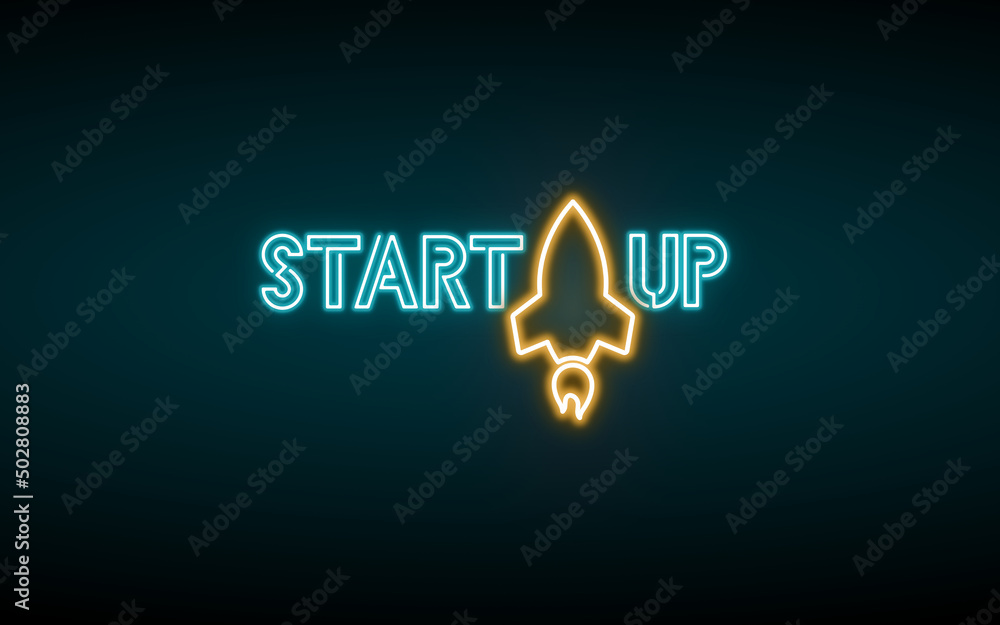 Neon sign saying 'startup' with a rocket in the middle symbolizing the ...