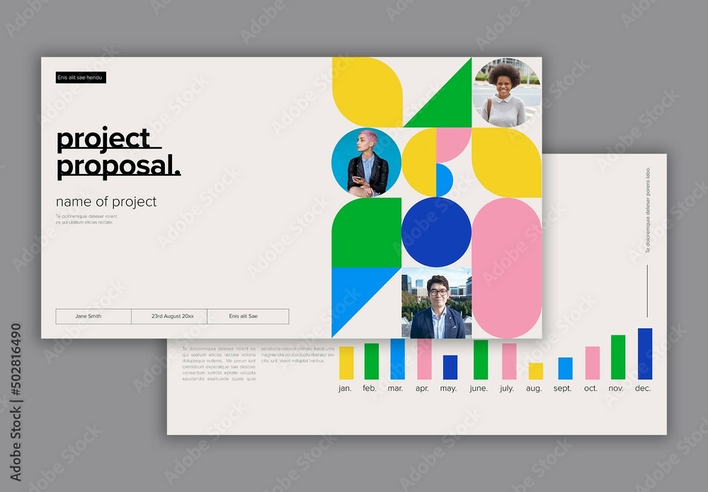 Pitch Deck Layout with Colorful Graphic Shapes Stock Template | Adobe Stock