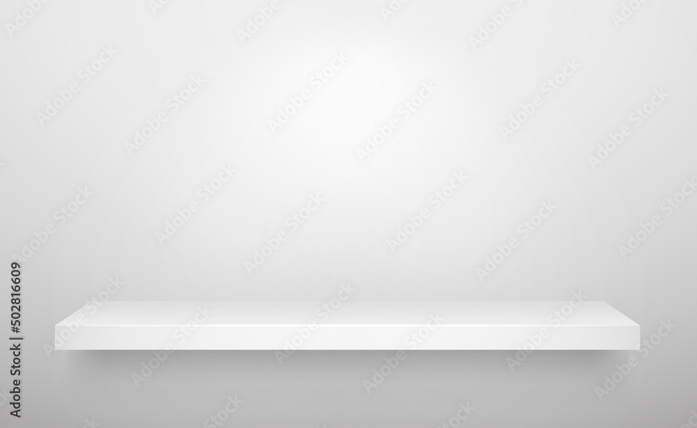 White realistic shelf on white wall. Vector mockup background template ...