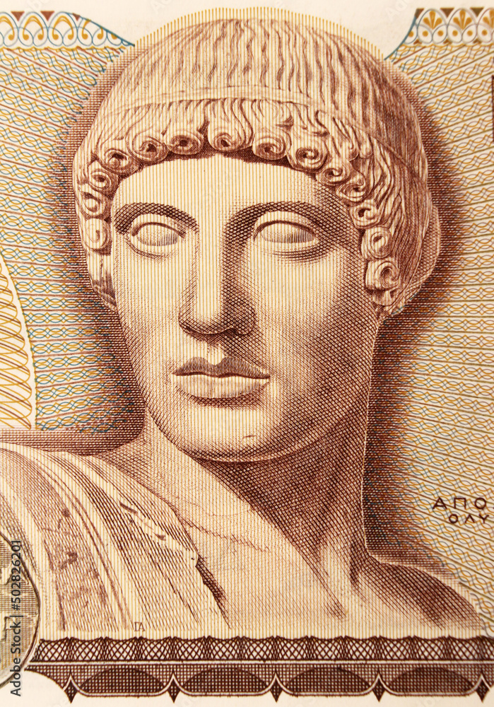 Portrait of Apollo, engraving from ancient Greek banknote in drachmas ...