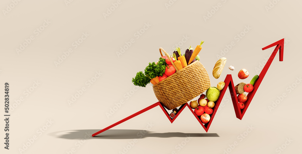 Food cost rising concept. Basket full of groceries and red arrow ...